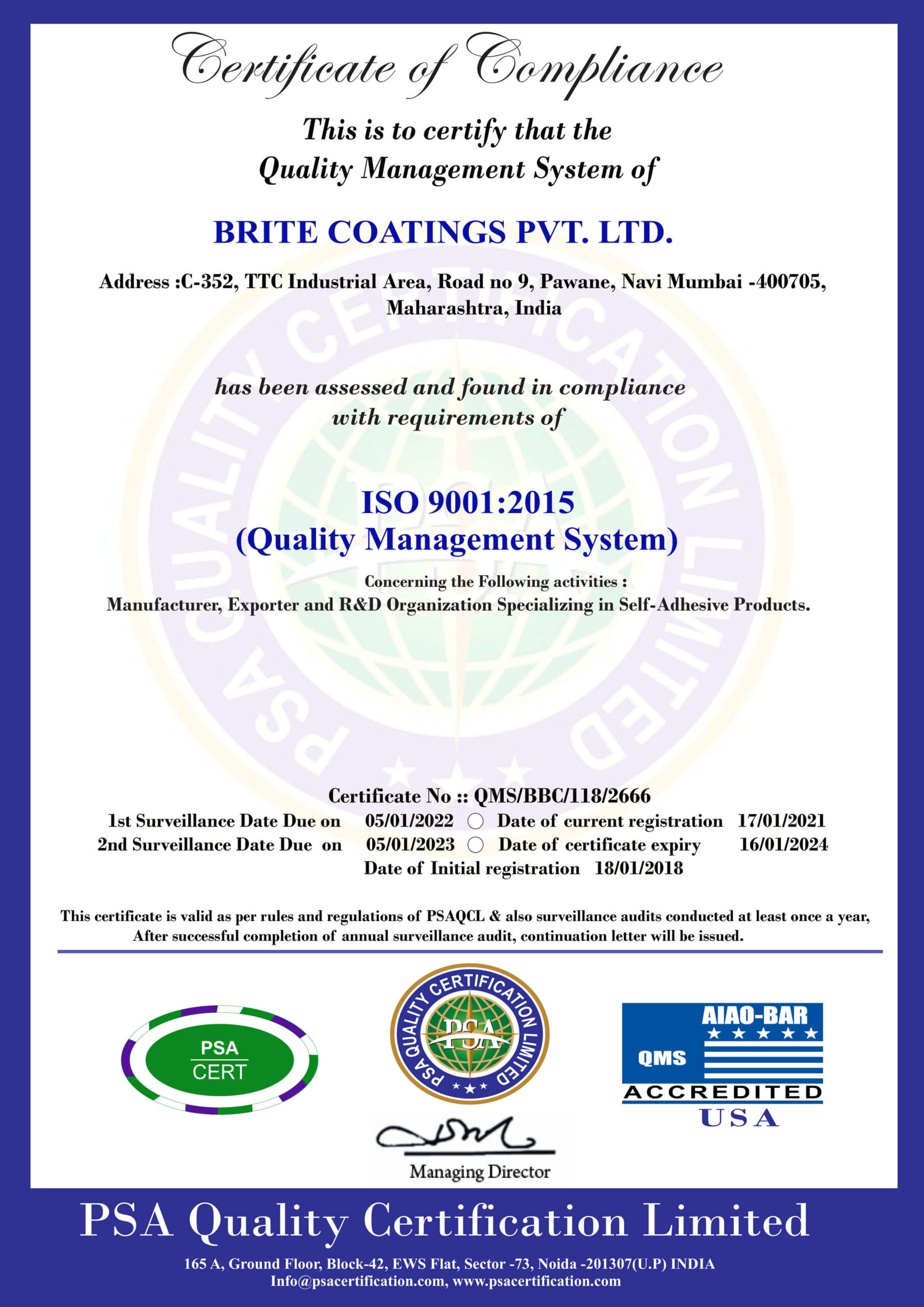 Certifications - Brite Coatings Private Limited